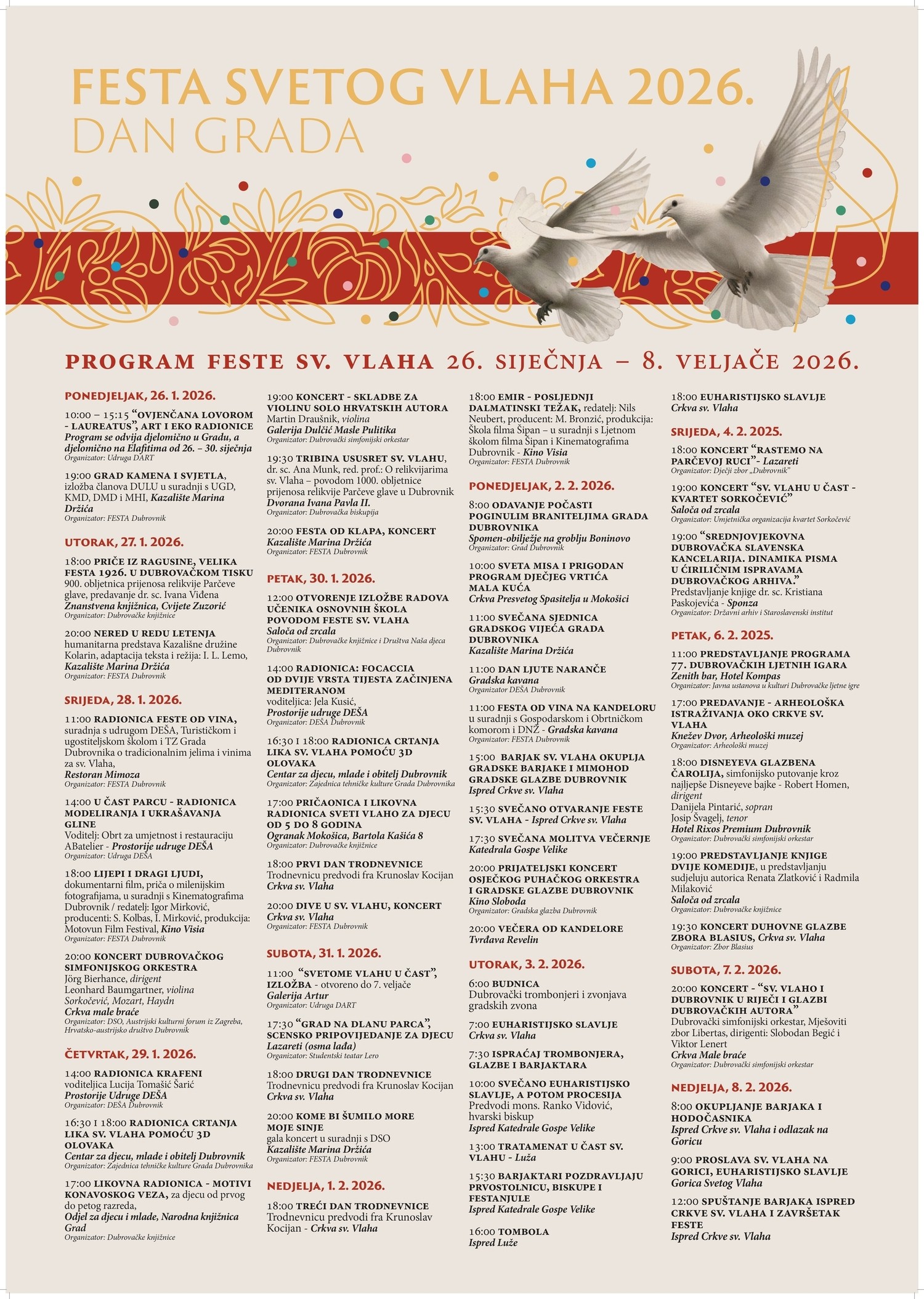 Program Feste svetog Vlaha i Dana Grada Dubrovnika 2026. | Grad Dubrovnik